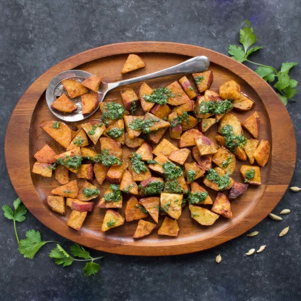 Spiced Sweet Potatoes with Cilantro Sauce – SoupAddict